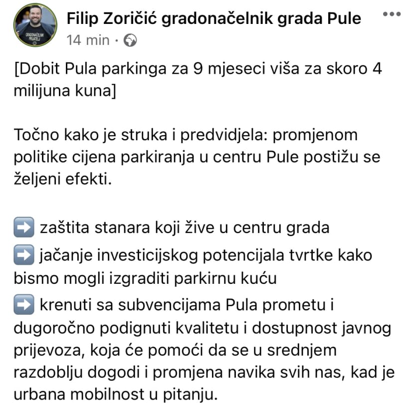 NAPOKON! Oglasio se gradonačelnik Filip Zoričić i potvrdio: Pula Parking je povećanjem cijena ...